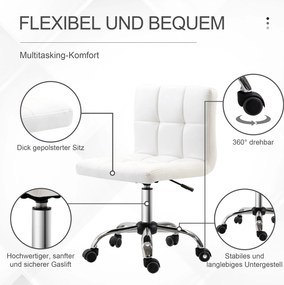 HOMCOM Kancelářská židle, ergonomická židle bez područek, výškově nastavitelná otočná židle, počítačová židle do kanceláře, studovny, umělá kůže, bílá