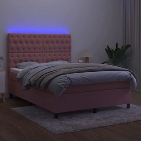 Box spring postel s matrací a LED růžová 140x200 cm samet 3136310