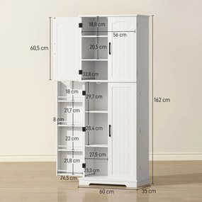 HOMCOM vysoký kuchyňský bufet, kuchyňská skříň, 4 dveře, 10 přihrádek, 8 držáků koření a nastavitelné police, 60x35x162 cm, bílá
