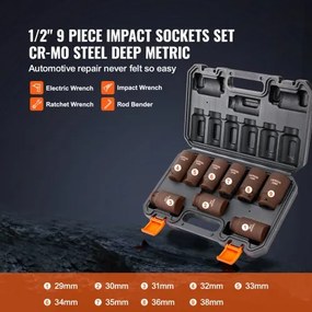 12,7 mm sada rázových nástavců, 9dílná sada hlubokých zdířek metrických 29-38 mm