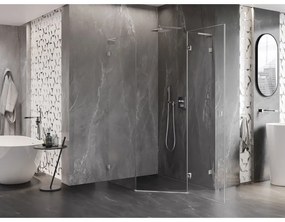 Mexen Lunar, L pětiúhelníkový sprchový kout naklápěcí vpravo 80 x 90 cm, 8mm čiré sklo, ocelový profil, 831L-080P-090L-97-00-P