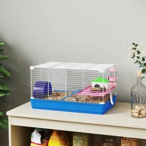 Klec PawHut pro křečky, dům pro hlodavce s běhacím kolem, miskou na krmivo, napáječkou, domečkem a rampami pro myši páskové 47x30x27 cm modrá