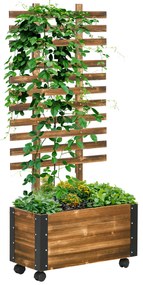 Vyvýšený záhon Outsunny s mříží a kolečky, truhlík na květiny pro popínavé rostliny, truhlík na květiny z ohořelého dřeva, 65 x 31 x 147 cm