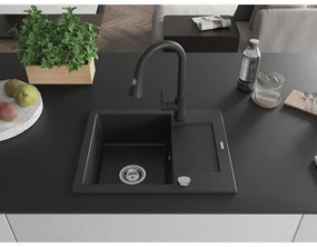 Mexen Enzo, 1-komorový granitový dřez 576x465x174 mm a dřezová baterie Elia, černá, 65066506-77-670101-70