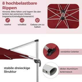 Costway Ø 330 cm slunečník s klikou a UPF 50+ a 360° otočný, červený