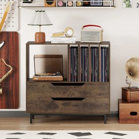 Costway Stojan na gramofon s 4 vinylovými přihrádkami a 2 zásuvkami