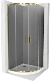Mexen Rio, čtvrtkruhový sprchový kout s posuvnými dveřmi 80 (dveře) x 80 (dveře) x 190 cm, 5mm šedé sklo, zlatý profil + bílá sprchová vanička SLIM, 863-080-080-50-40-4110G