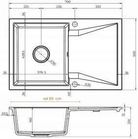 Sink Quality Obsidian, kuchyňský granitový dřez 790x500x210 mm + zlatý sifon, černá skvrnitá-Brocade, SKQ-OBS.B.1KDO.XG