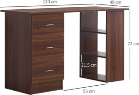 HOMCOM Stůl s úložným prostorem, Počítačový stůl 120 x 50 cm, Pracovní stol s policemi a šuplíky, pro malé prostory, ložnici, Ořechová úprava