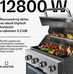 Klarstein WaldChef plynový gril | 4 hořáky | 30 mbar | 12800 W | Litinový rošt | Nerezová ocel