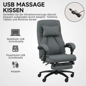Vinsetto Masážní kancelářská židle, USB rozhraní, otočná kola, tmavě šedá