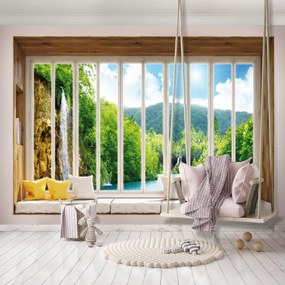 Fototapeta - Výhled ana  vodopád - okno (152,5x104 cm)