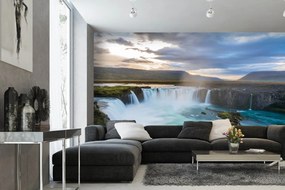 DIMEX | Samolepicí vliesová fototapeta na zeď Vodopád Godafoss MA-5-3192 | 375 x 250 cm | modrá, bílá, šedá