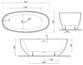 Polimat Akrylátová volně stojící vana Kivi 165x80 Barva: Bílá/šedá popelavá lesk, Rozměry (cm): 165x75