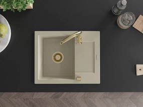 Mexen Enzo, granitový dřez 576x465x174 mm, 1-komorový, béžová se zlatým sifonem, 6506571005-69-G