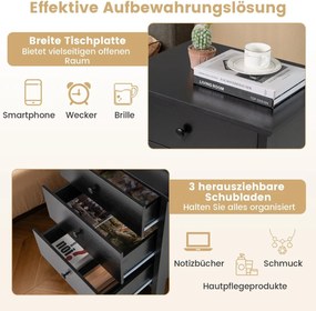 Costway Noční stolek s 3 zásuvkami k pružinové posteli – 56 × 45 × 66 cm