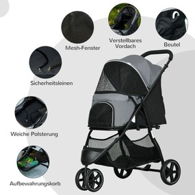 PawHut kočárek pro domácí mazlíčky skládací s pláštěnkou a bezpečnostním vodítkem, úložný koš pro malé psy, Oxford grey | Aosom.de