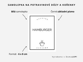 HAMBURGER - omyvatelná samolepka na kořenky, výběr rozměrů Ø 5 cm / 5 x 5 cm / 6 x 8 cm | DomaLEP tvar: KOLEČKO, barva: BÍLÁ - ČERNÉ písmo, velikost: Ø 5 cm - tučné písmo