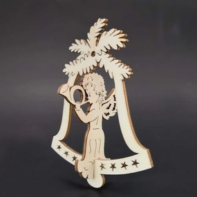 AMADEA Dřevěná ozdoba 3D zvonek - anděl s lesním rohem 9 cm