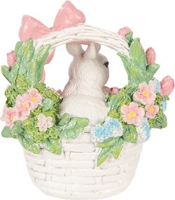 Dekorace bílý králíček v košíčku s květy - 15*9*16 cm