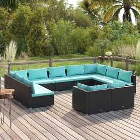 vidaXL 11dílná zahradní sedací souprava s poduškami polyratan [3102071] Barva: Černá a modrá water blue