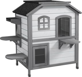 Dřevěný domek pro kočky PawHut, venkovní domek pro kočky se schody, 2 patra, domek pro malá zvířata pro kočky do 4,5 kg, bílý, 78 x 55,5 x 91 cm | Ao…