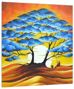 Orientální obraz modrého stromu a slunce (30x30 cm)