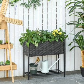 Vyvýšený záhon Outsunny z polyratanu s nožičkami a policí, 70 x 30 x 72 cm, hnědý pro zahradu balkon terasu | Aosom.de