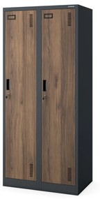 Plechová šatní skříň na soklu s polici KACPER, 800 x 1800 x 500 mm, Eco Design: antracitová/ ořech