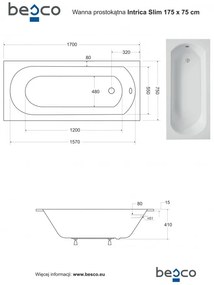 BESCO Obdélníková vana INTRICA SLIM Nožičky k vaně - Bez nožiček, Rozměr vany - 170 × 75 cm VANINTRICA170SL