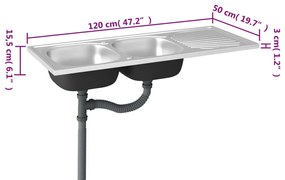 vidaXL Marketos Kuchyňský dvojitý dřez stříbrný 1 200x500x155 mm nerezová ocel