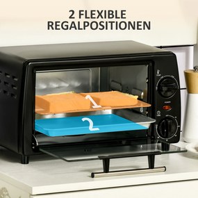 HOMCOM Mini trouba 10L 750W do 230°C s časovačem 60 min malá elektrická trouba včetně plechu a roštu 36,5x26x22 cm černá