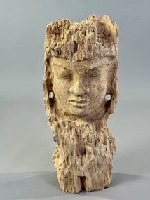 Dřevěná hlava Buddhy z Indonésie – ručně vyřezávaná, 43 cm