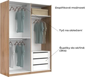 Skříň s posuvnými dveřmi 1,5x2,1m (Dveře Lesklá Bílá/Zrcadlo) série N Asti