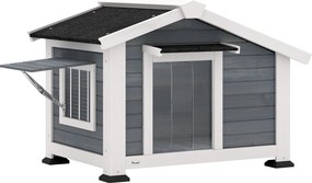 Dřevěná bouda pro psy odolná proti povětrnostním vlivům s odnímatelnou podlahou asfaltová střecha otevírací okno 98x76x69,5 cm šedá