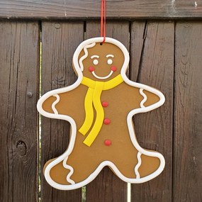 Velká vánoční ozdoba na stromek Perník panáček, 26,5 × 31 cm, žlutá šála, PVC, IP44, venkovní