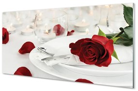 Obraz na skle večeře svíčky růže 140x70 cm