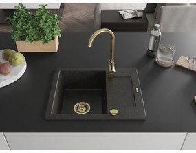 Mexen Enzo, granitový dřez 576x465x174 mm, 1-komorový, černá-zlatá metalíza se zlatým sifonem, 6506571005-75-G