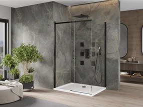 Mexen Omega, sprchový kout s posuvnými dveřmi 100 (dveře) x 70 (stěna) cm, 8mm čiré sklo, černý profil + slim sprchová vanička bílá s černým sifonem, 825-100-070-70-00-4010B
