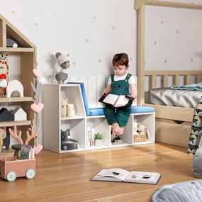 HOMCOM knihovní lavice 2 v 1 s 5 úložnými přihrádkami a 2 polštáři 108 x 30 x 60 cm bílá modrá