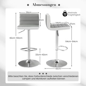 Costway Sada 2 barových židlí 82-102 cm výškově nastavitelné otočné barové židle