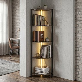 HOMCOM Knihovna 5-patrový rohový regál s LED osvětlením do obývacího pokoje, ložnice, kanceláře, Rustikální hnědá
