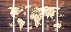 5-dílný obraz mapa na dřevě - 200x100 cm