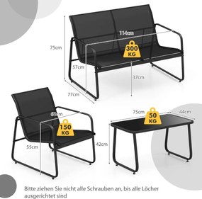 Costway 4 TLG. Terrassenmöbel-Set mit Kaffeetisch aus Gehärtetem Glas Sitzgruppe