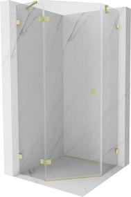Mexen Lunar, Pětiúhelníkový sprchový kout Mexen Lunar naklápěcí doleva 100 x 100 cm, 8mm čiré sklo, zlatý matný profil, 831-100L-100P-55-00-L