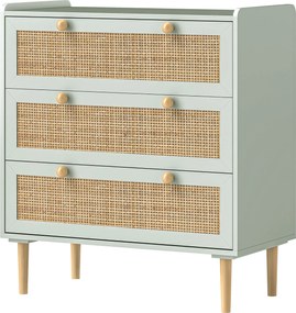 HOMCOM Komoda se 3 zásuvkami v bohémském stylu s dřevěným rámem, ratanová komoda do ložnice, obývacího pokoje a předsíně, 80 x 40 x 87,5 cm, olivově z