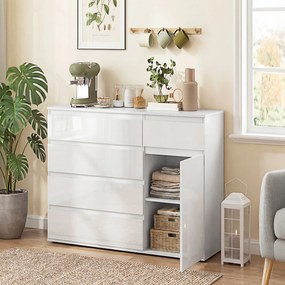 HOMCOM komoda s 5 zásuvkami, nastavitelné police, tlumené dovírání, vysoký lesk — 100 × 40 × 80 cm