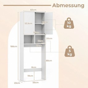 Costway Volně stojící WC police s dvojitými dvířky a 2 otevřenými přihrádkami.