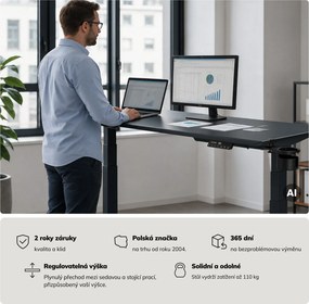 Elektrický stůl s regulací výšky ergonomický antracitový,1600x800 mm: ARIA