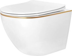 Rea Carlo Mini Tornado NF, závěsná WC mísa 490x365x350mm + toaletní sedátko, bílá-zlatý okraj, REA-C6806